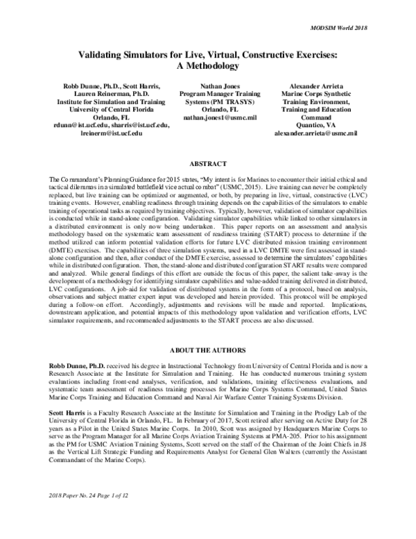 (PDF) Validating Simulators for Live , Virtual , Constructive Exercises : A Methodology