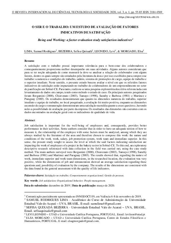 (PDF) O SER E O TRABALHO: um estudo de avaliação de fatores indicativos ...