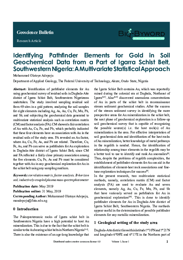 (PDF) Identifying Pathfinder Elements for Gold in Soil Geochemical Data from a Part of Igarra ...