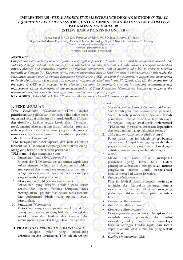 (PDF) Implementasi Total Productive Maintenance Dengan Metode Overall ...