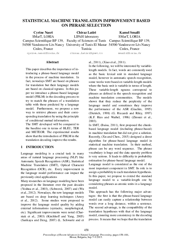 (PDF) Statistical Machine Translation Improvement based on Phrase Selection