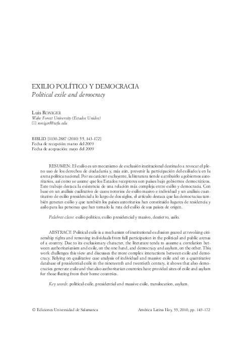 (PDF) EXILIO POLÍTICO Y DEMOCRACIA Political exile and democracy