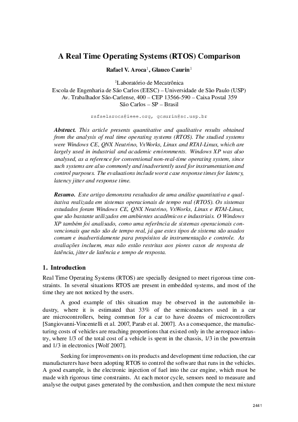 (PDF) A Real Time Operating Systems ( RTOS ) Comparison