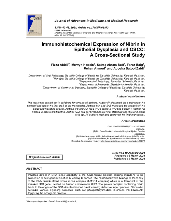 (PDF) Immunohistochemical Expression of Nibrin in Epithelial Dysplasia ...