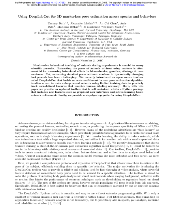Pdf Using Deeplabcut For 3d Markerless Pose Estimation Across Species