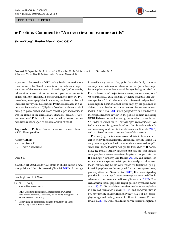 (PDF) D-Proline: Comment to "An overview on D-amino acids | Heather ...