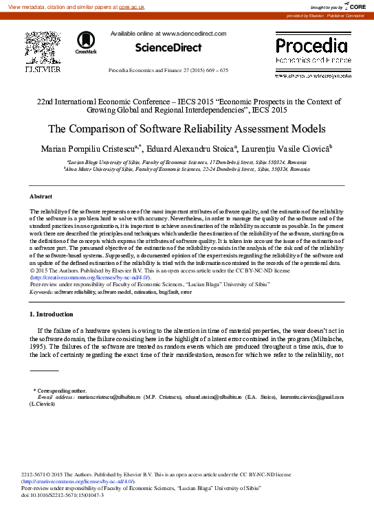 (PDF) IECS 2015 The Comparison of Software Reliability Assessment Models