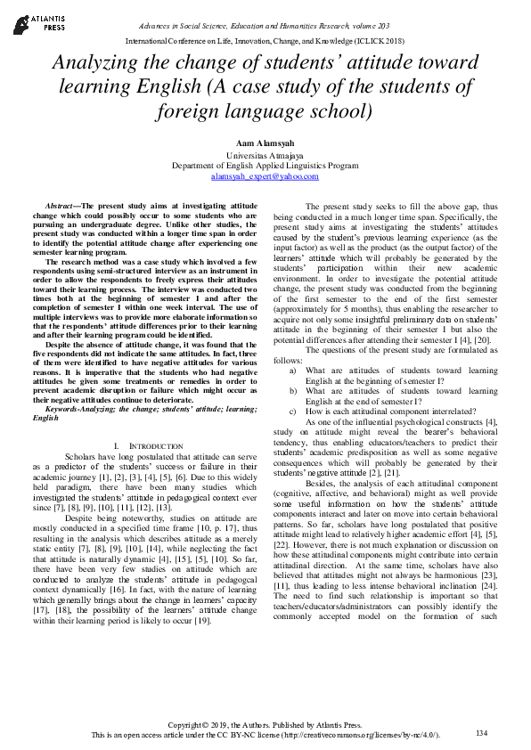 (PDF) Analyzing the change of students’ attitude toward learning English (A case study of the ...