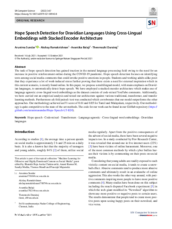 Pdf Hope Speech Detection For Dravidian Languages Using Cross Lingual Embeddings With Stacked