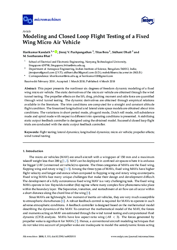 (PDF) Modeling and Closed Loop Flight Testing of a Fixed Wing Micro Air ...