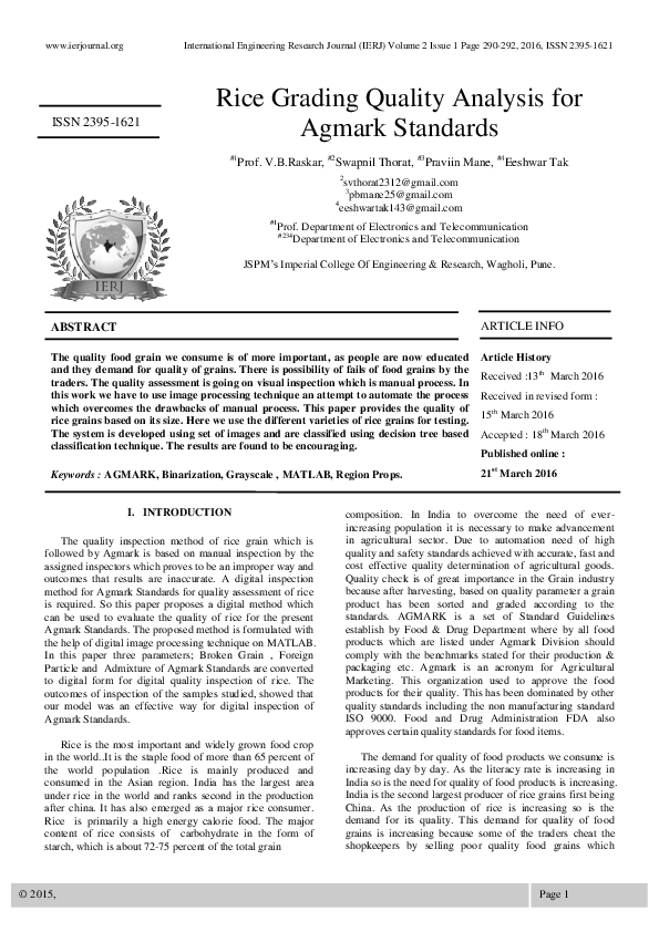 (PDF) Rice Grading Quality Analysis for Agmark Standards