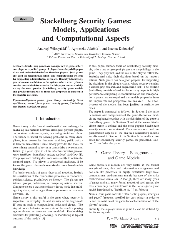Pdf Stackelberg Security Games Models Applications And Computational Aspects