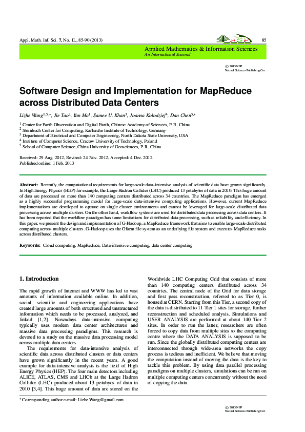 Pdf Software Design And Implementation For Mapreduce Across Distributed Data Centers Joanna