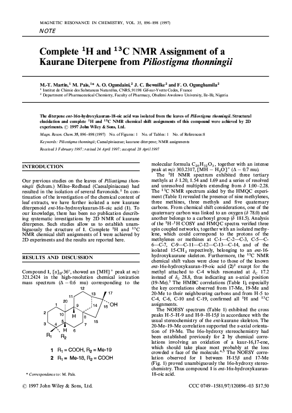 (PDF) Complete1H and13C NMR assignment of a kaurane diterpene ...