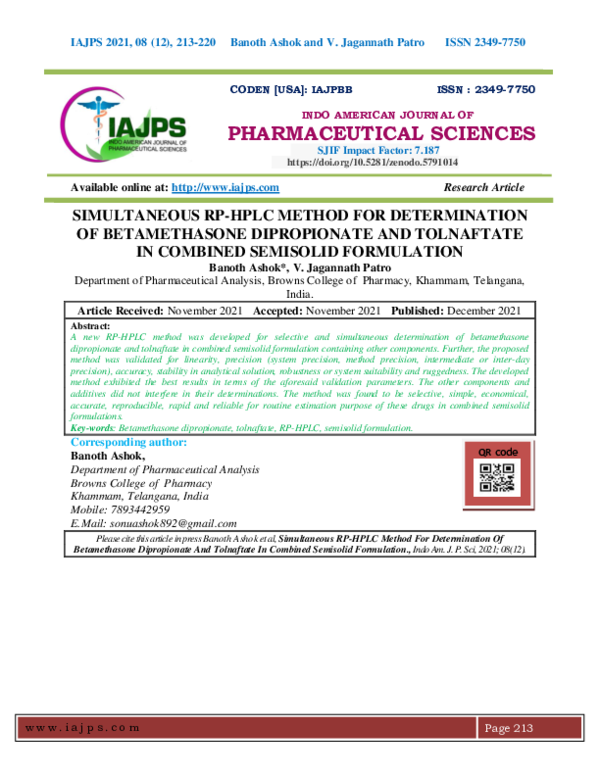 (PDF) SIMULTANEOUS RP-HPLC METHOD FOR DETERMINATION OF BETAMETHASONE DIPROPIONATE AND TOLNAFTATE ...