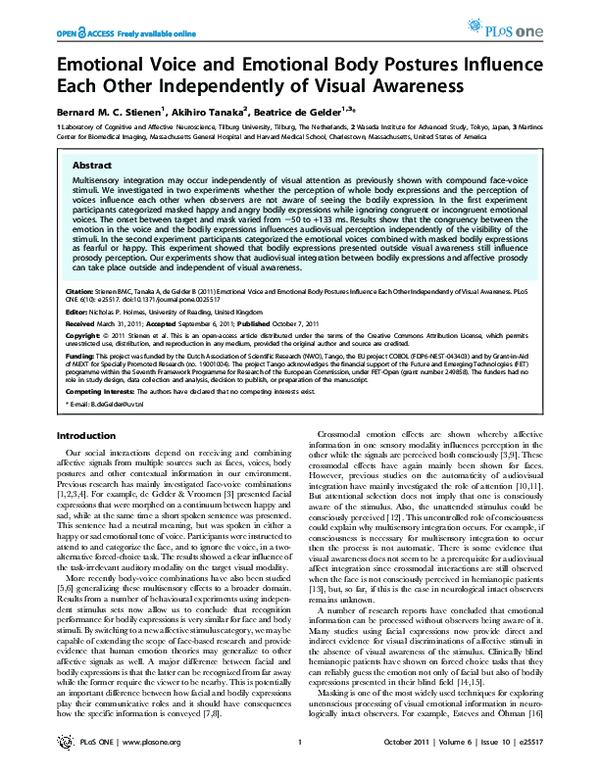 (PDF) Emotional Voice and Emotional Body Postures Influence Each Other ...