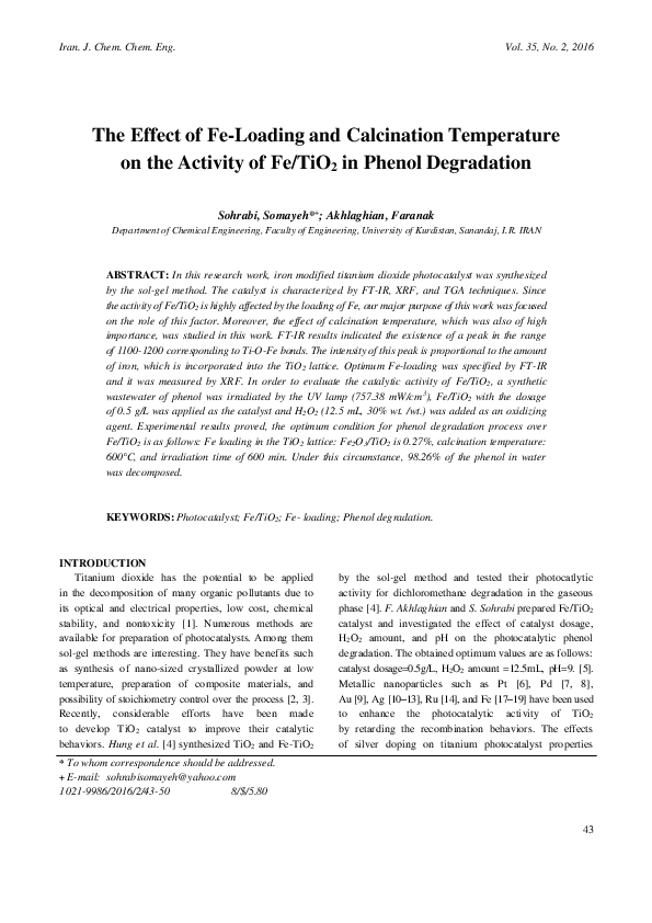 (PDF) The Effect of Fe-Loading and Calcination Temperature on the Activity of Fe/TiO2 in Phenol ...