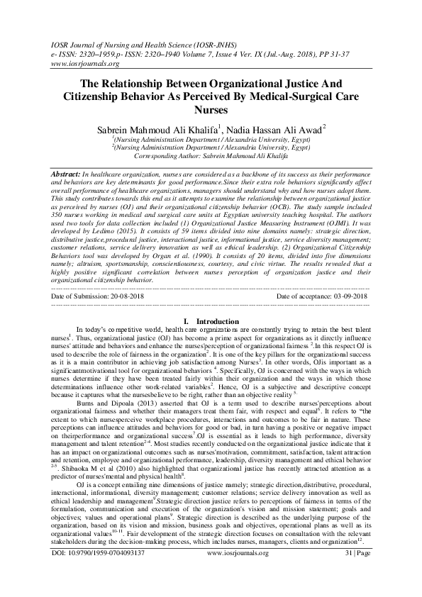 (PDF) The Relationship Between Organizational Justice And Citizenship Behavior As Perceived By ...