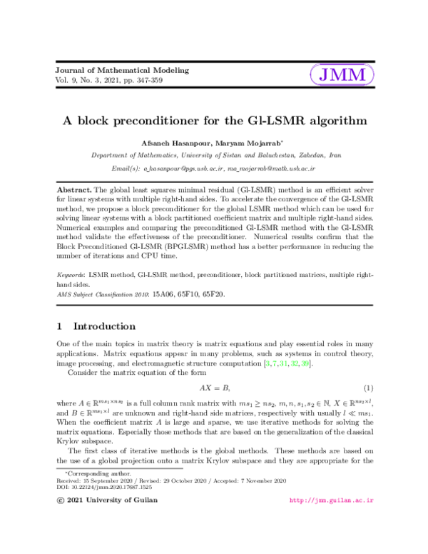 Pdf A Block Preconditioner For The Gl Lsmr Algorithm