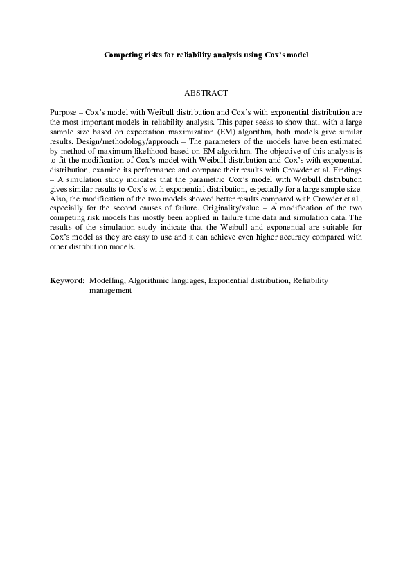 (PDF) Competing risks for reliability analysis using Cox's model