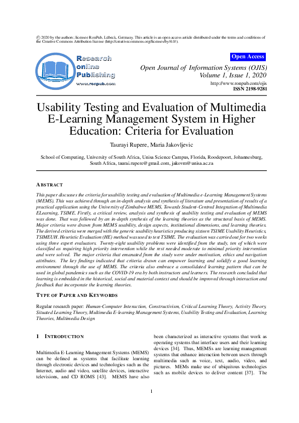 (PDF) Usability Testing and Evaluation of Multimedia E-Learning ...