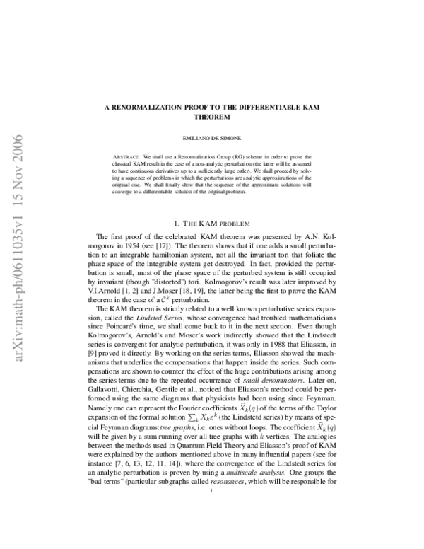 (PDF) A Renormalization proof to the differentiable KAM theorem