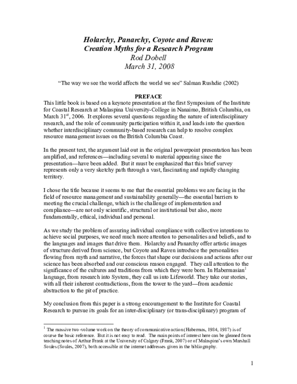 (PDF) Coyote and Raven : Creation Myths for a Research Program Rod Dobell