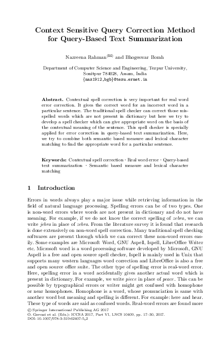 Pdf Context Sensitive Query Correction Method For Query Based Text Summarization Nazreena