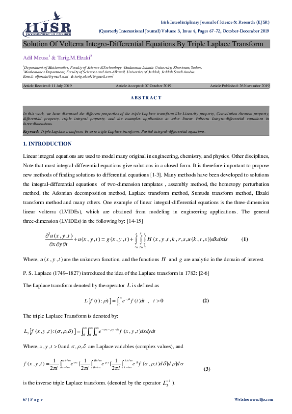 Pdf Solution Of The Volterra Integro Differential Equations By The Triple Elzaki Transform
