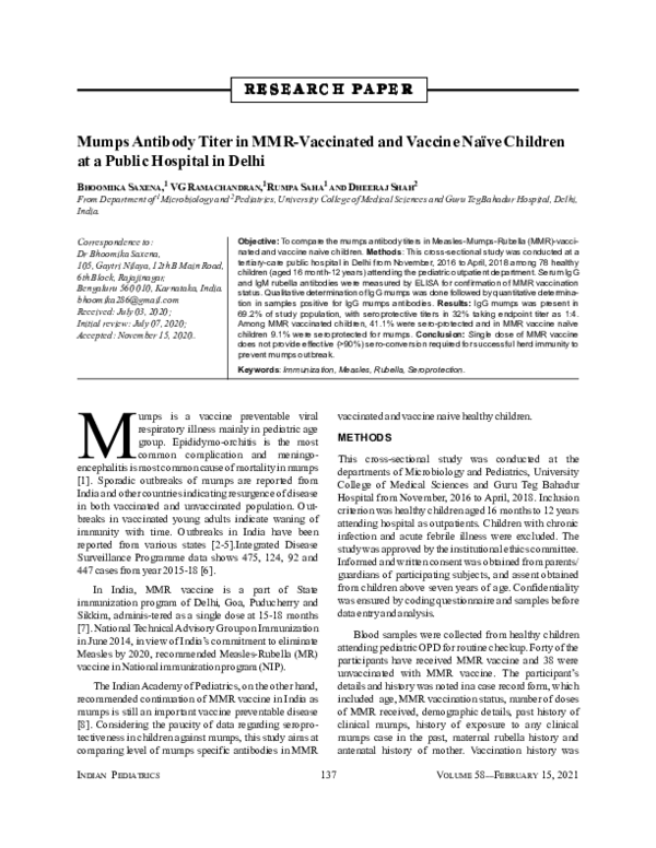 (PDF) Mumps Antibody Titer in MMR-Vaccinated and Vaccine Naïve Children ...