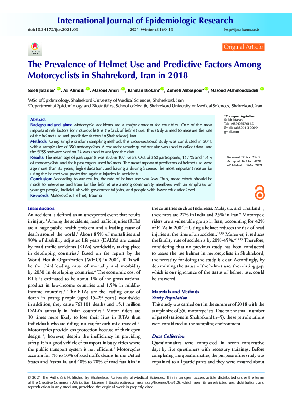 (PDF) The Prevalence of Helmet Use and Predictive Factors Among Motorcyclists in Shahrekord ...