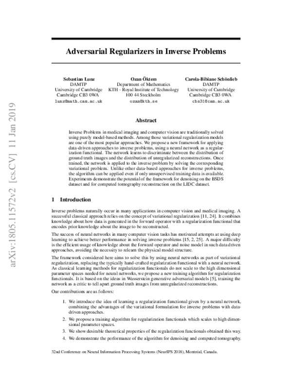 (PDF) Adversarial Regularizers in Inverse Problems