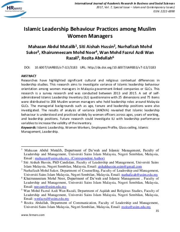 (PDF) Islamic Leadership Behaviour Practices among Muslim Women Managers