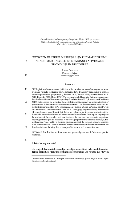 (PDF) BETWEEN FEATURE MAPPING AND THEMATIC PROMI-NENCE: OLD ENGLISH SE ...
