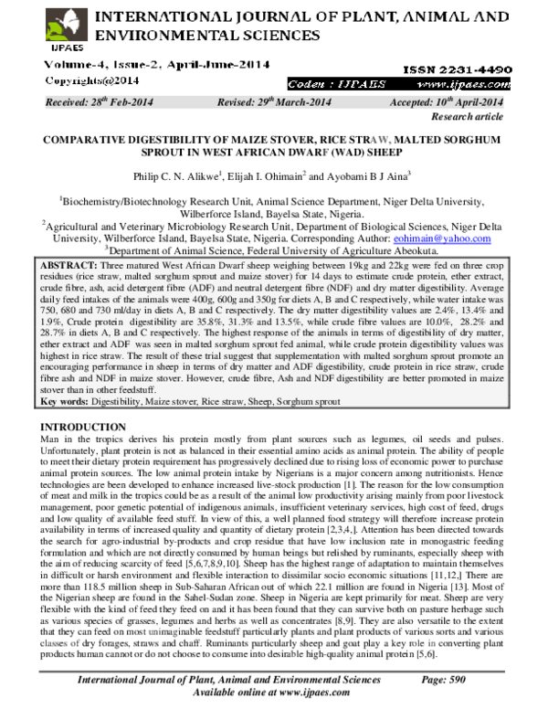 (PDF) Comparative Digestibility of Maize Stover, Rice Straw, Malted ...