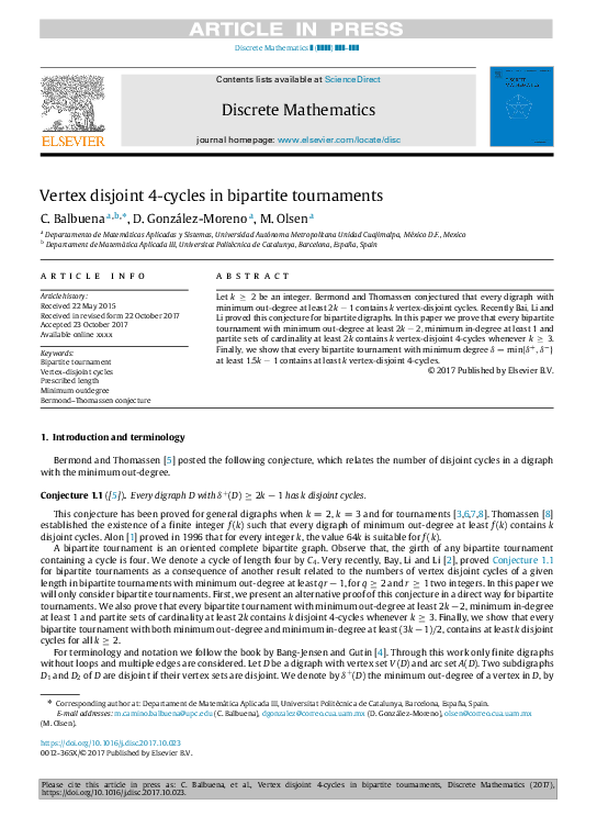 (PDF) Vertex disjoint 4-cycles in bipartite tournaments