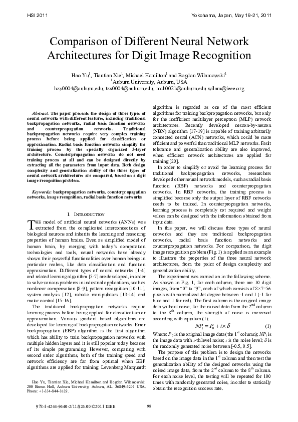 Pdf Comparison Of Different Neural Network Architectures For Digit Image Recognition