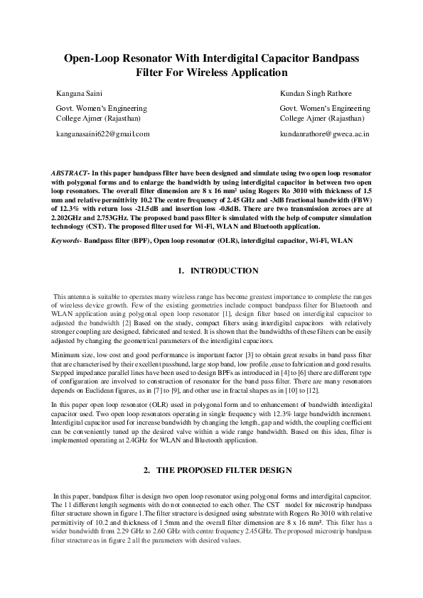 Pdf Open Loop Resonator With Interdigital Capacitor Bandpass Filter