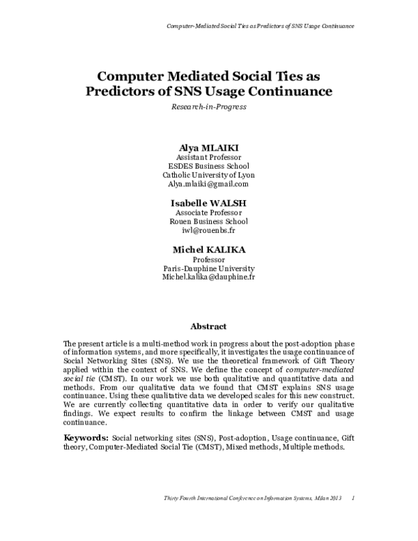 (PDF) Computer-Mediated Social Ties as Predictors of SNS Usage Continuance
