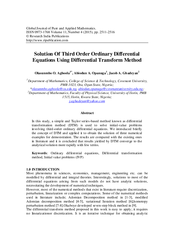 (PDF) Solution Of Third Order Ordinary Differential Equations Using Differential Transform Method