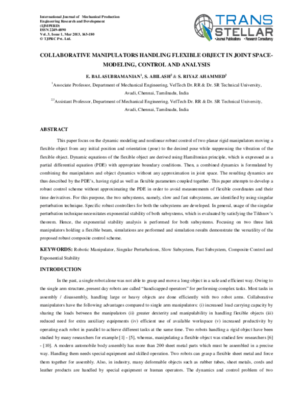 Pdf Collaborative Manipulators Handling Flexible Object In Joint Space Modeling Control And