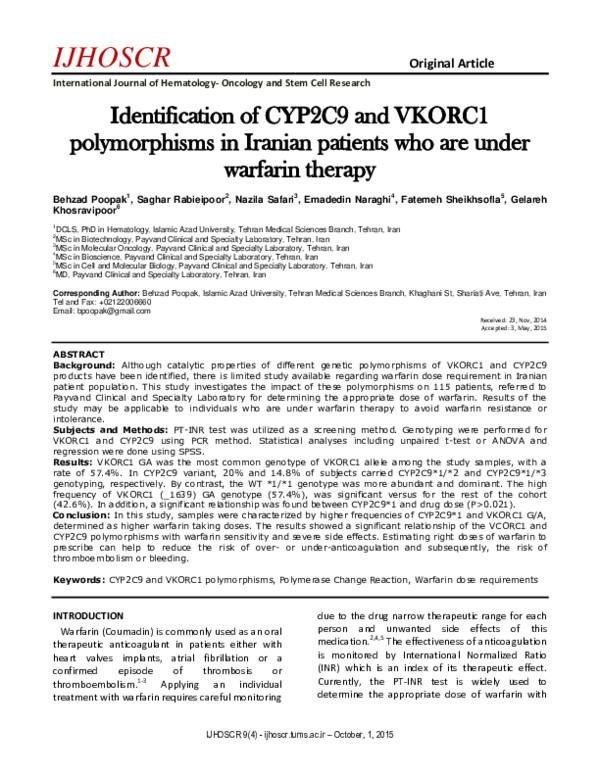 (PDF) Identification of CYP2C9 and VKORC1 polymorphisms in Iranian ...