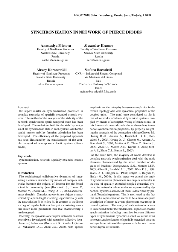 (PDF) Synchronization in network of Pierce diodes