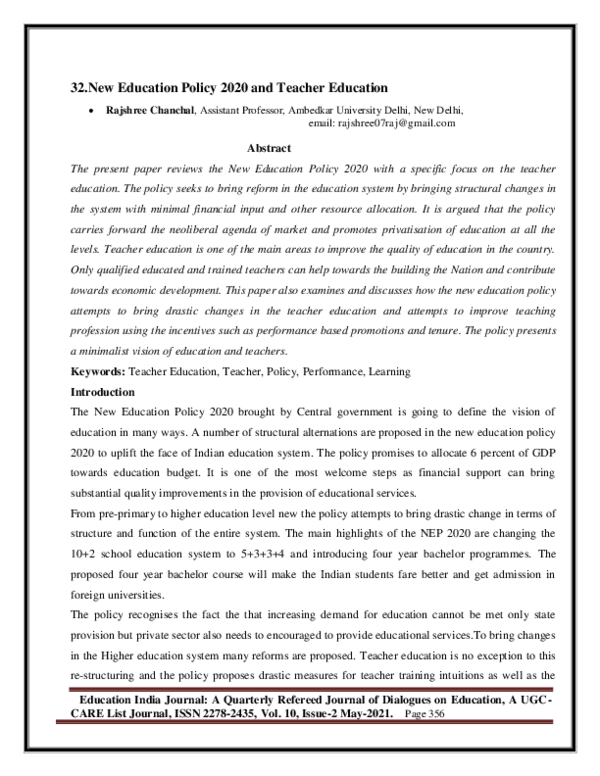 (PDF) 32. New Education Policy 2020 and Teacher Education