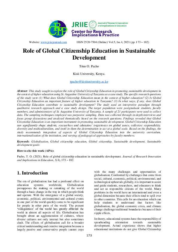 (PDF) Role of Global Citizenship Education in Sustainable Development