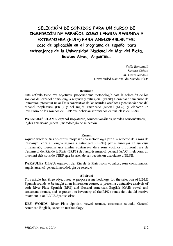 (PDF) Selección de sonidos para in curso de inmersión de español como lengua segunda y ...