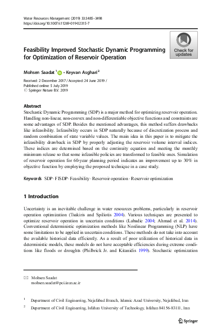 (PDF) Feasibility Improved Stochastic Dynamic Programming for Optimization of Reservoir Operation