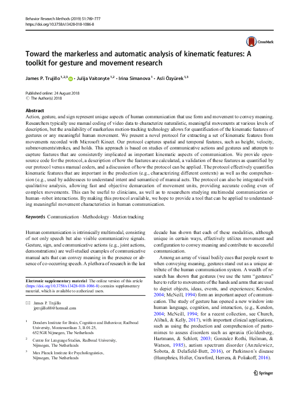 Pdf Toward The Markerless And Automatic Analysis Of Kinematic Features A Toolkit For Gesture