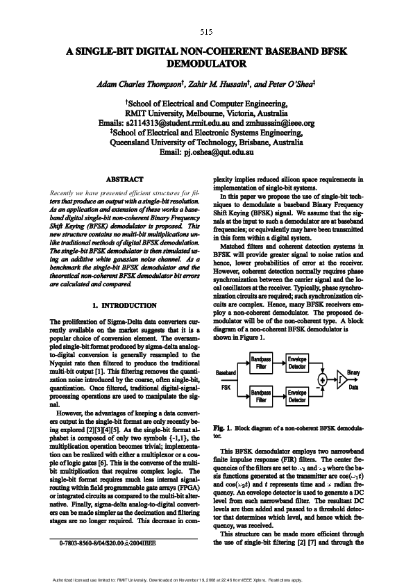 (PDF) A single-bit digital non-coherent baseband BFSK demodulator