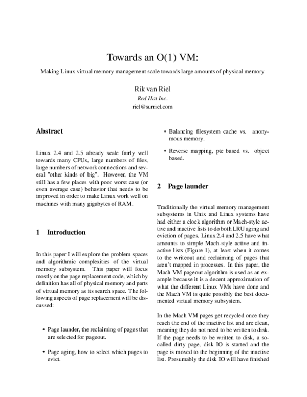 (PDF) Towards an O(1) VM: Making Linux virtual memory management scale towards large amounts of ...